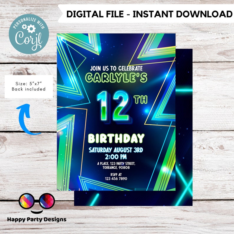 EDITABLE Boy 12th Birthday Invitation Neon Glow in the Dark - Etsy