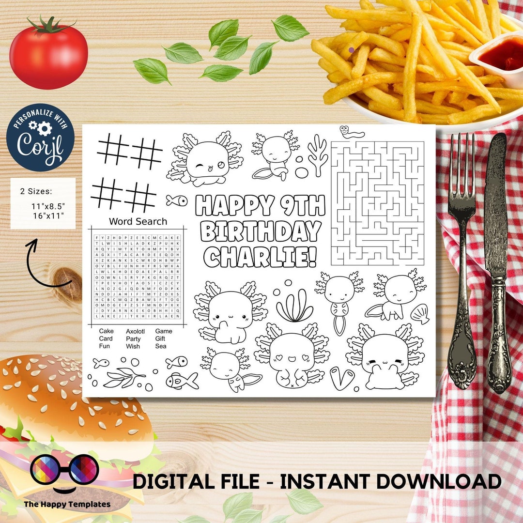 Editable Axolotl Party Activity Coloring Page | Games | Instant ...
