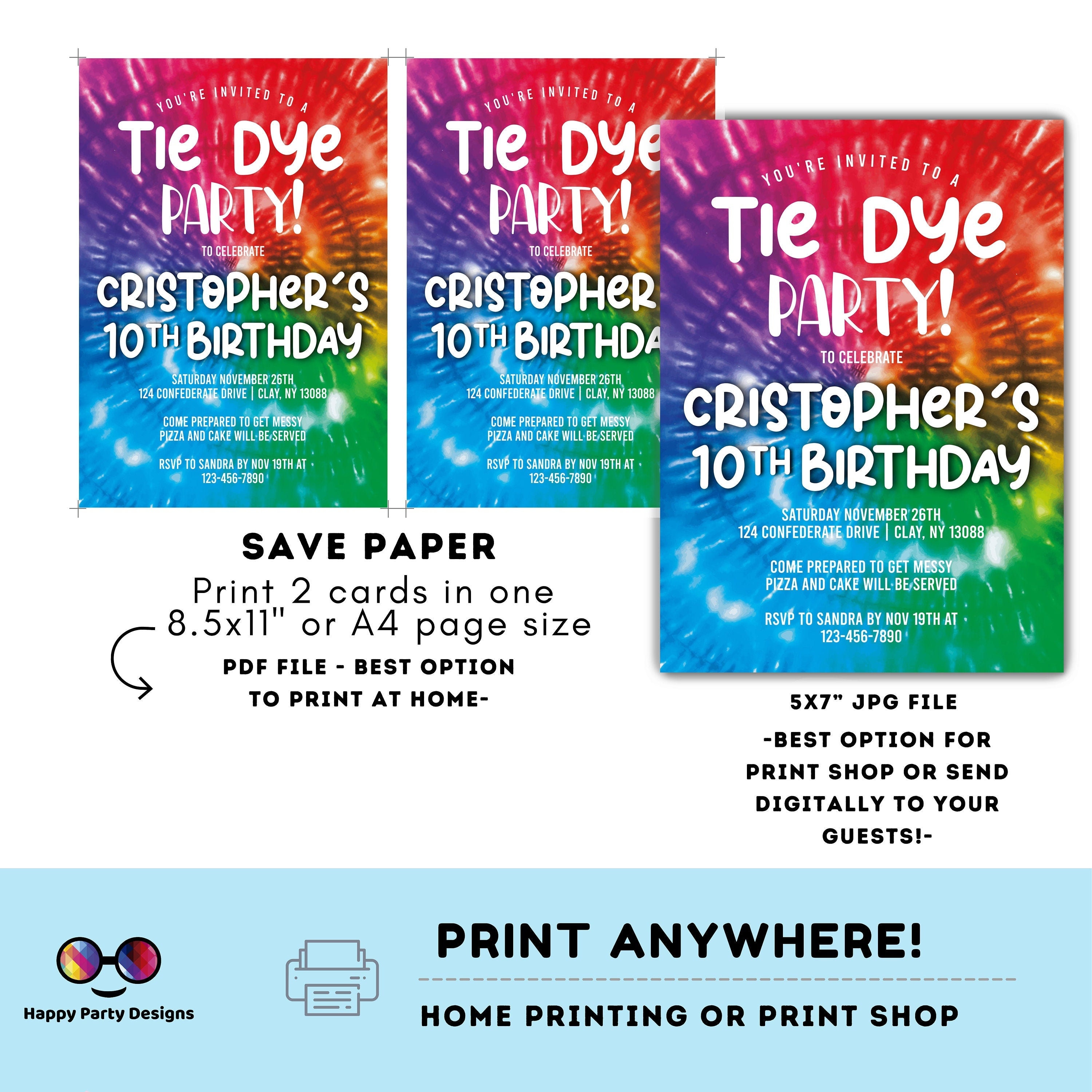 Editable Tie Dye Invitation Instant Download | Rainbow Tie Dye Birthday ...