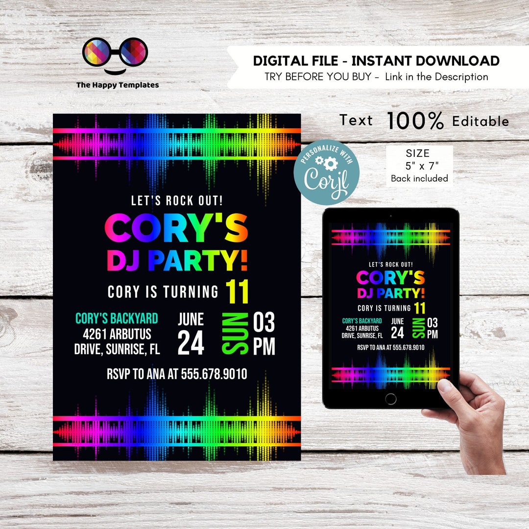 EDITABLE DJ Party Birthday Invitation | Neon Glow in the Dark Party ...