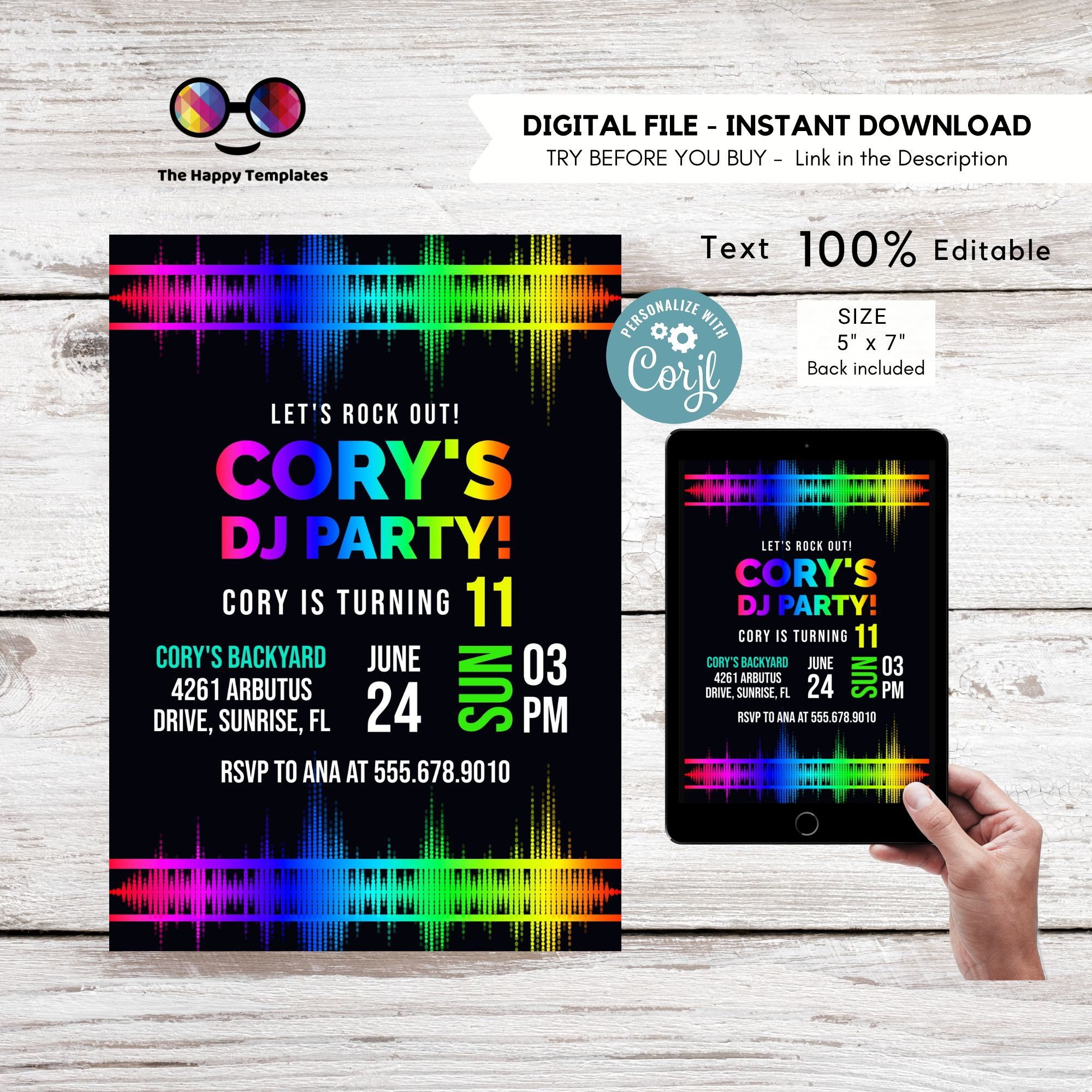 EDITABLE DJ Party Birthday Invitation Neon Glow in the Dark - Etsy