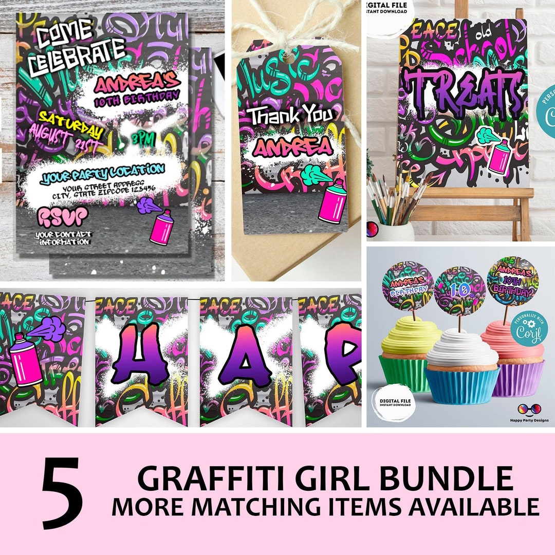 EDITABLE Graffiti Invitation Bundle | Birthday Banner, Cupcake Toppers ...