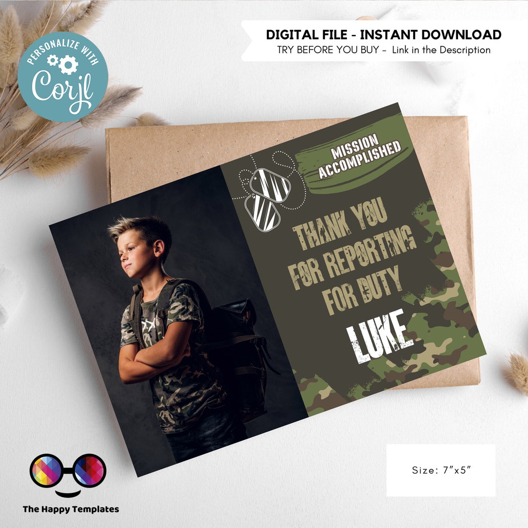 Kids Editable Army Birthday Thank You Card With Photo | Printable ...