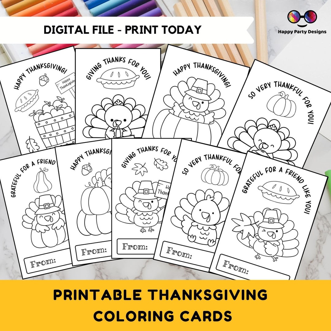 Thanksgiving Printable Coloring Cards INSTANT DOWNLOAD Set of 9 | for ...