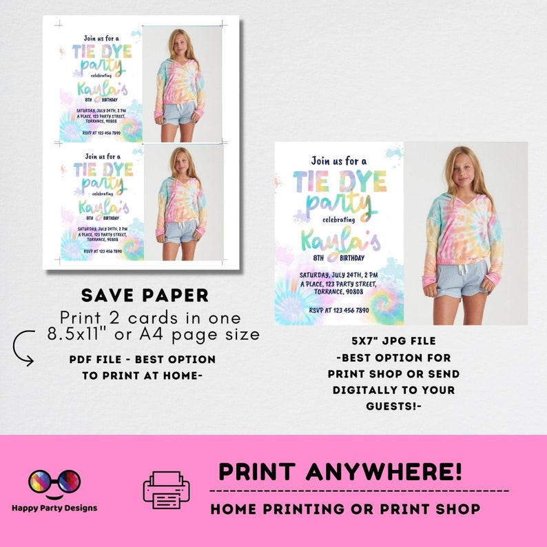 Editable Tie Dye Invitation With Photo Pink Tie Dye Birthday - Etsy