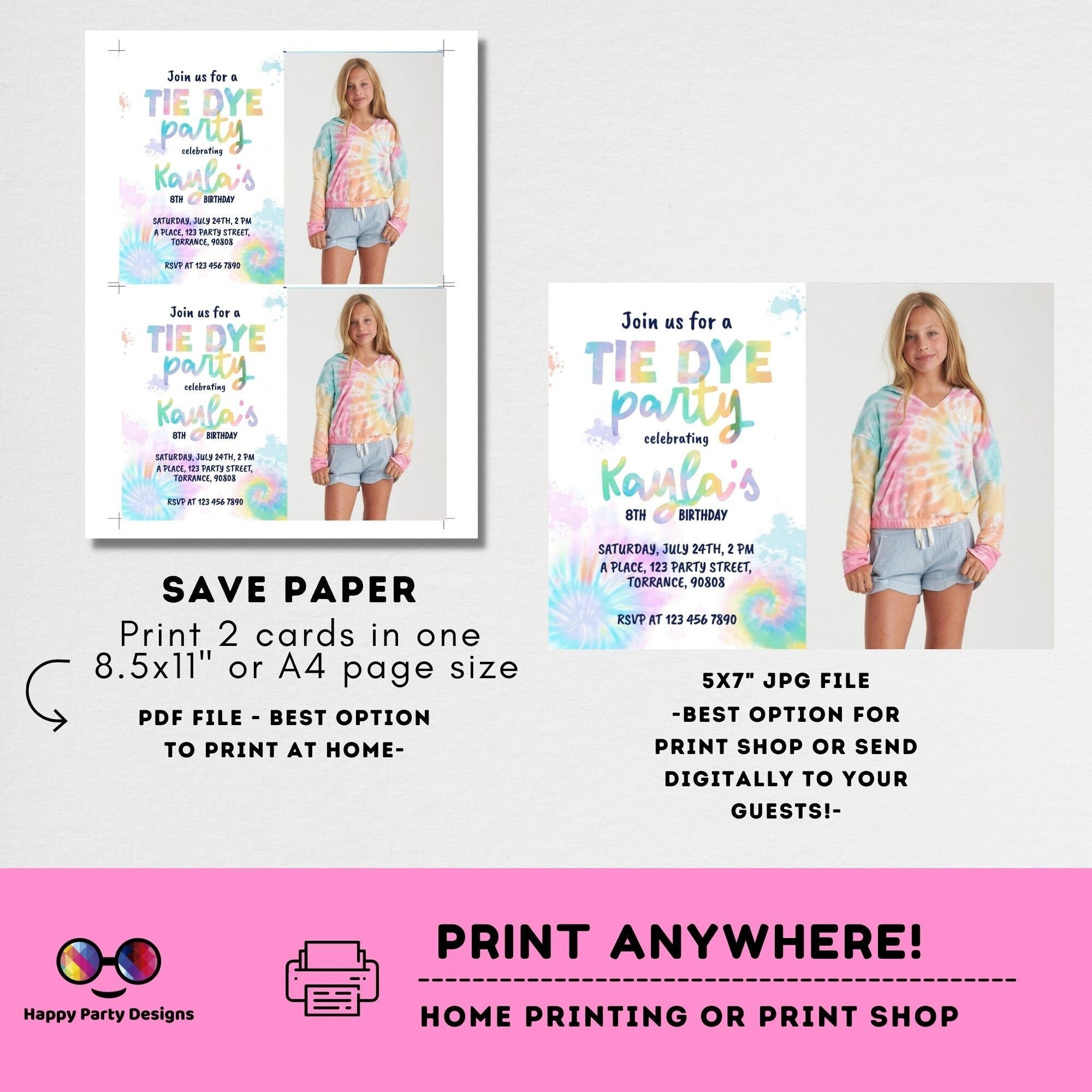 Editable Tie Dye Invitation With Photo | Pink Tie Dye Birthday ...