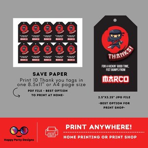 Editable Ninja Birthday Thank You Gift Tags | Ninja Favor Tags ...