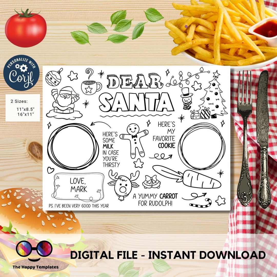 Editable Santa Cookie Tray Placemat Coloring Page | Placemat Coloring ...