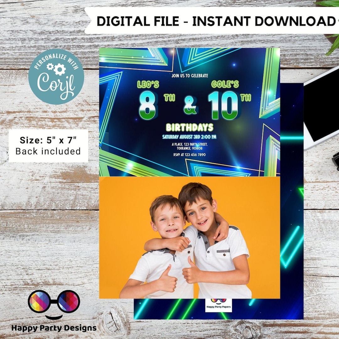 EDITABLE Neon Sibling Birthday Invitations With Photo | Any Age! Double ...