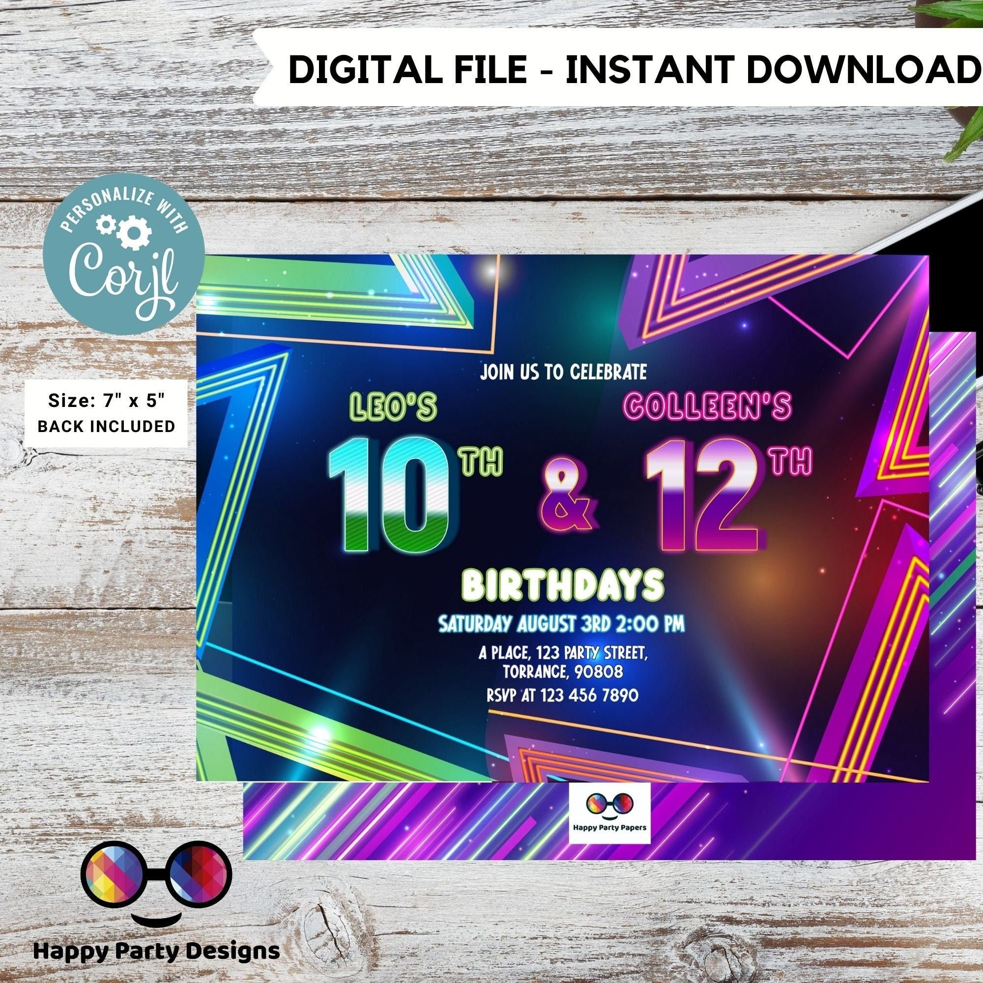 EDITABLE Neon Sibling Birthday Invitations | Any Age! Double Birthday ...