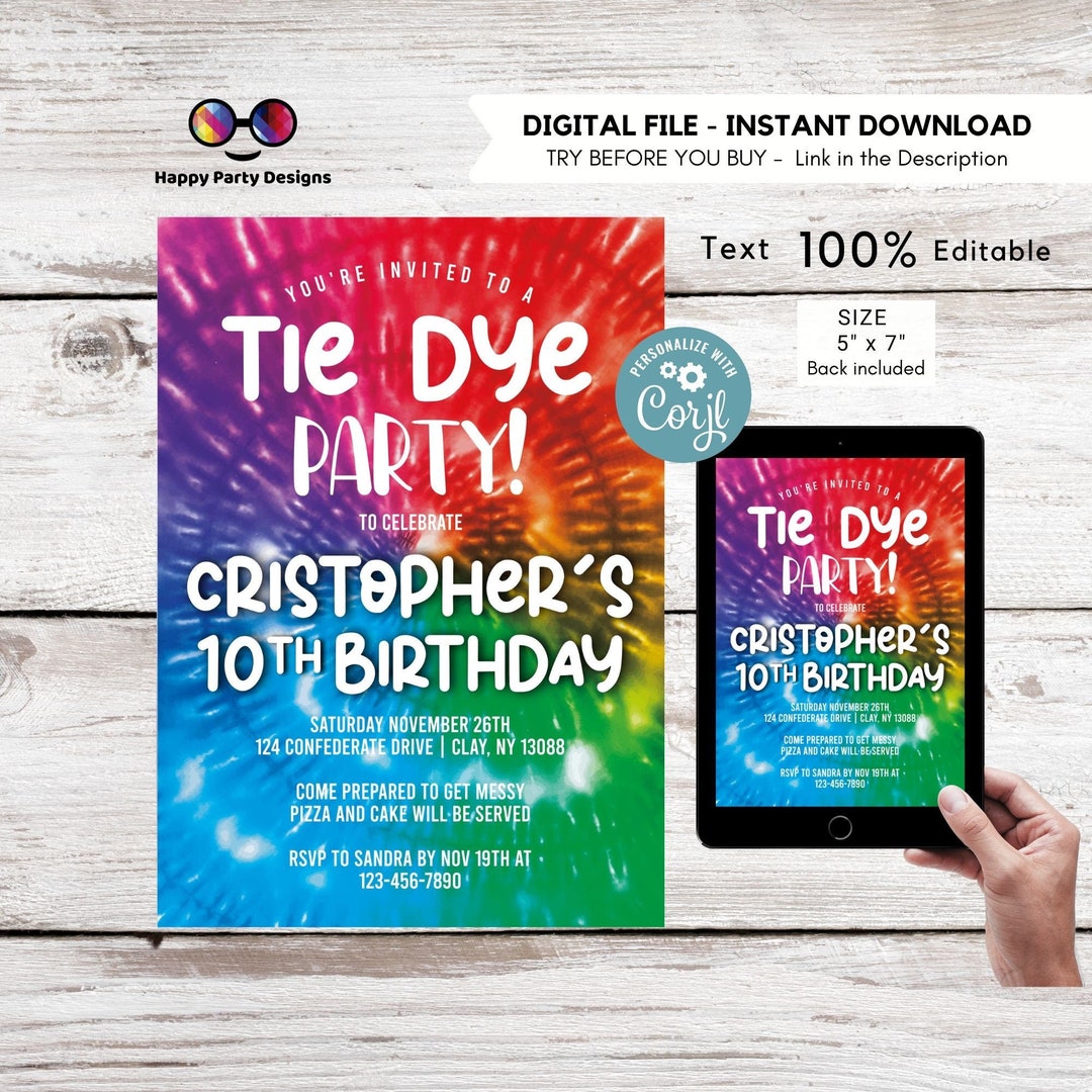 Editable Tie Dye Invitation Instant Download | Rainbow Tie Dye Birthday ...