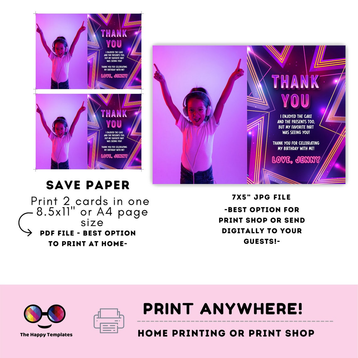 Neon Lights Thank You Card With Picture | Neon Glow in the Dark Party | Birthday Postcard | Neon ...