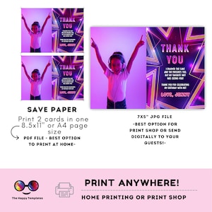 Neon Lights Thank You Card With Picture | Neon Glow in the Dark Party | Birthday Postcard | Neon ...