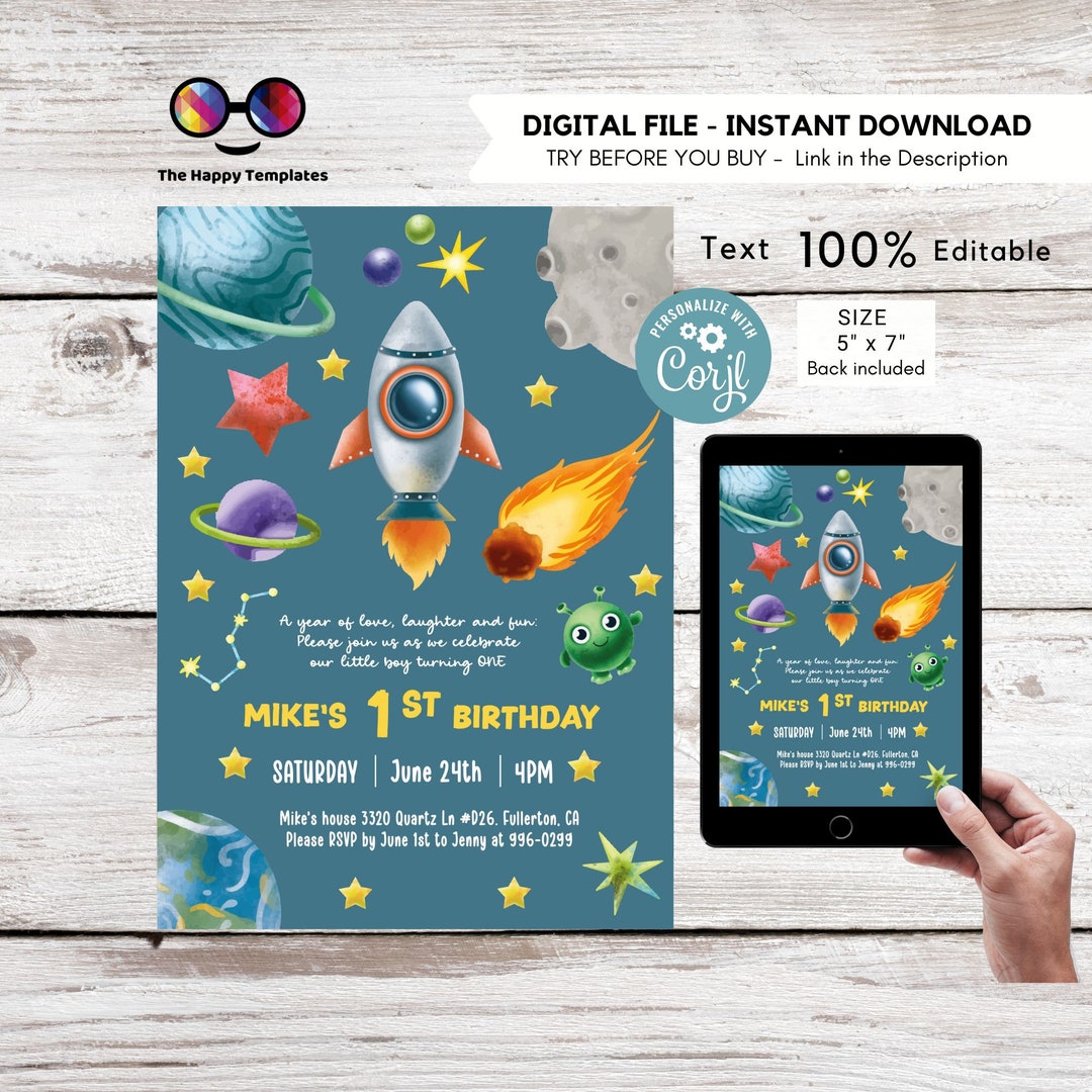 Editable Galaxy Blast off | Outer Space Birthday Invitation | Rocket ...