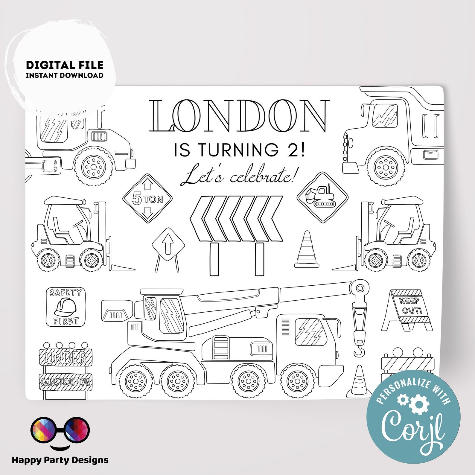 Editable Construction Coloring Page Placemat Coloring Page Any Age ...