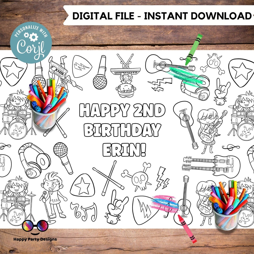 Rock Star XL Table Runner | Editable Rock Birthday Party Coloring Page ...