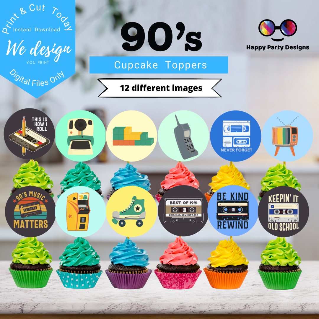 90s Cupcake Toppers Green | Retro Birthday | Cupcake Toppers | Instant ...