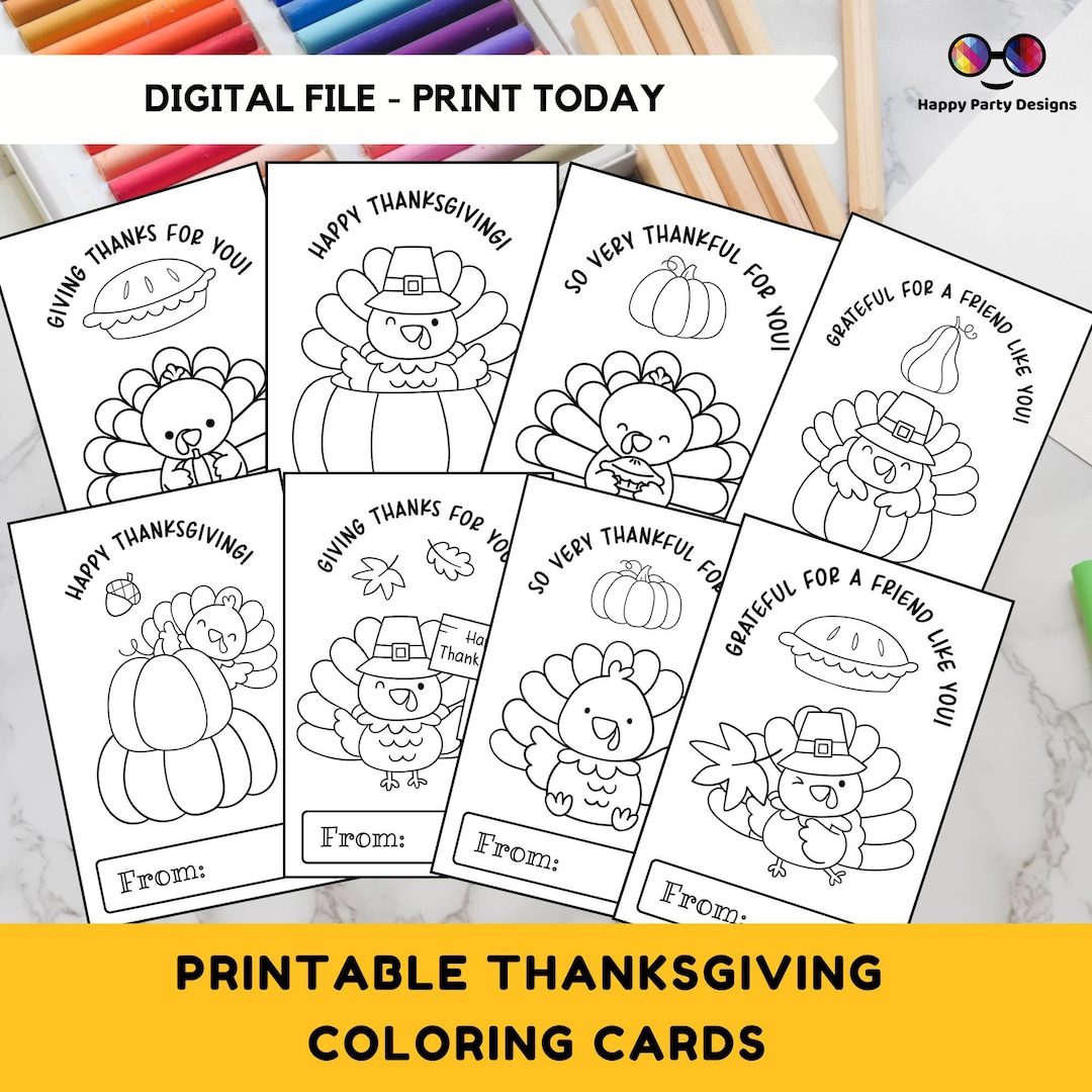 Thanksgiving Printable Coloring Cards INSTANT DOWNLOAD Set of 8 | for ...