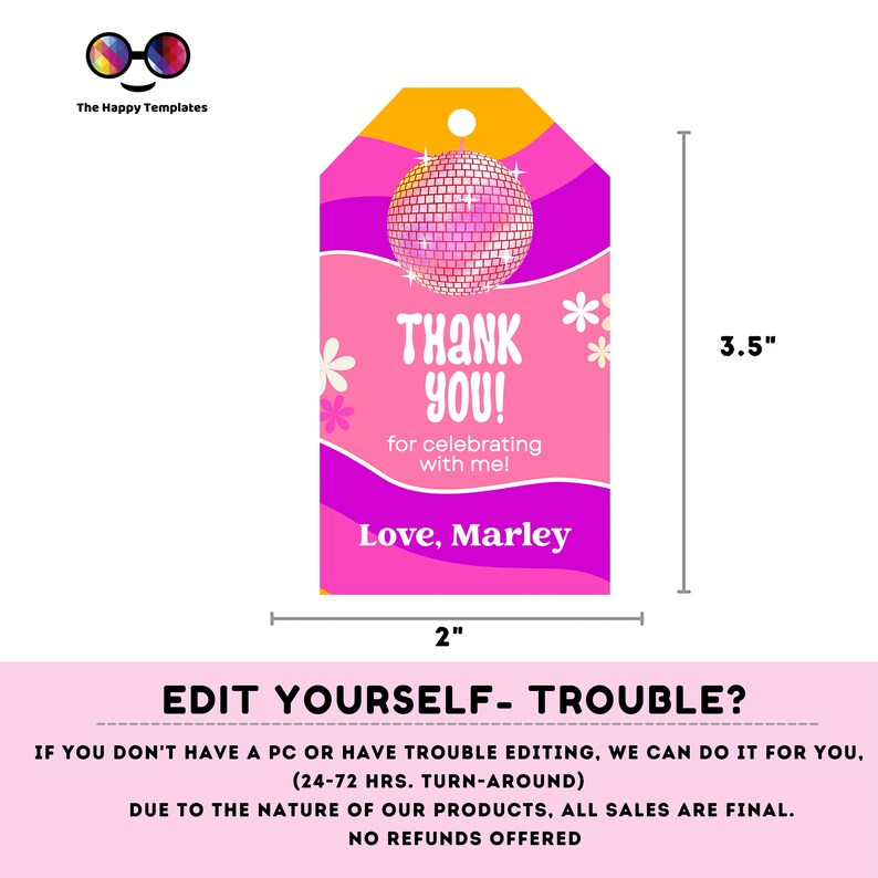 Disco Ball Birthday Thank You Tag Groovy Birthday Party Tag - Etsy