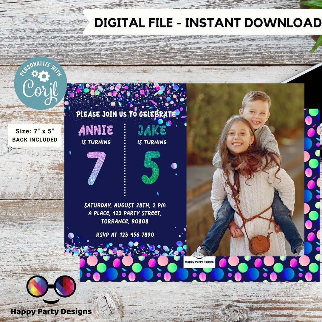 EDITABLE Sibling Birthday Invitations With Picture | Any Age! Double ...
