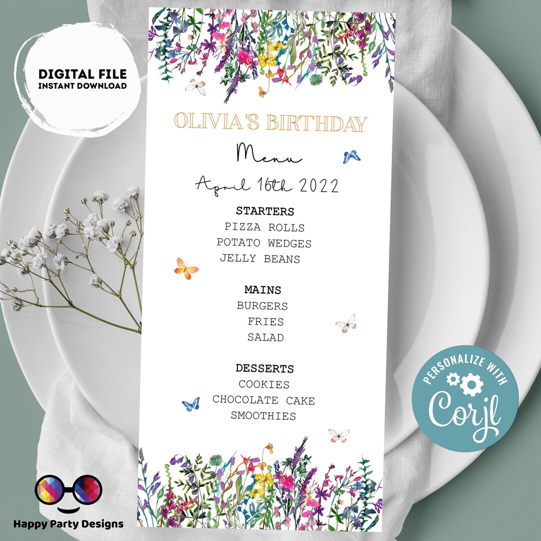 Wildflower Menu Template | Spring Birthday | Girl | Flowered Themed ...