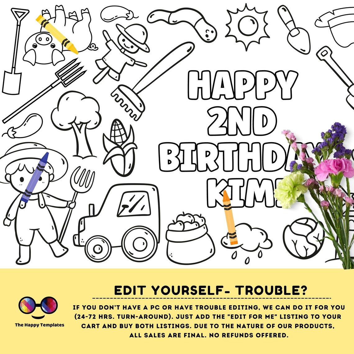 Editable Farm Kids XL Coloring Page | Farm Birthday Table Runner | Any ...