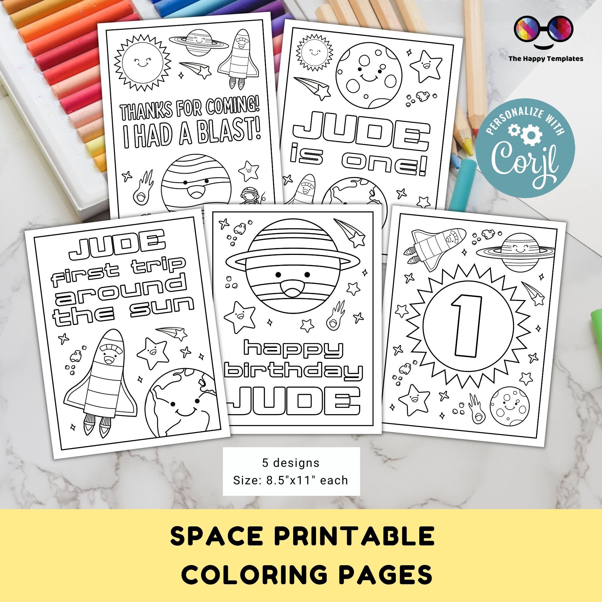Editable First Trip Around the Sun Coloring Pages 5 | Space Birthday ...