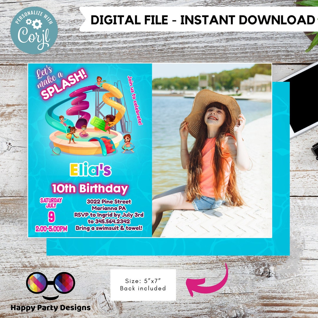 Editable Water Park Birthday Invitation Template With Photo | Let's ...