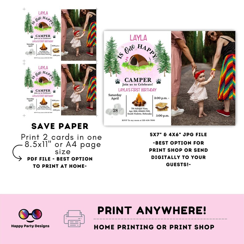 Editable Happy Camper Birthday Photo Invitation One Happy - Etsy