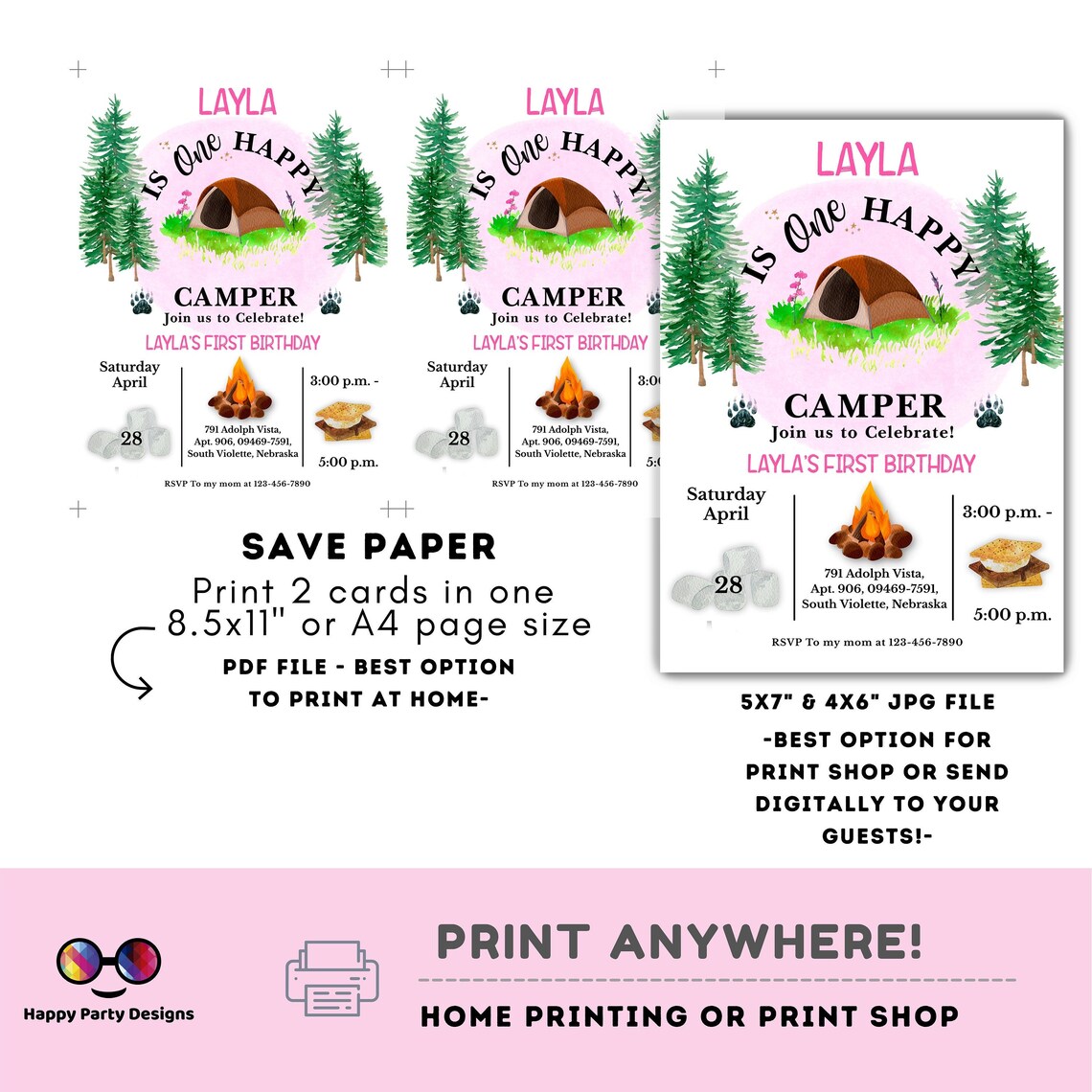 Editable Happy Camper Birthday Invitation | One Happy Camper | First ...