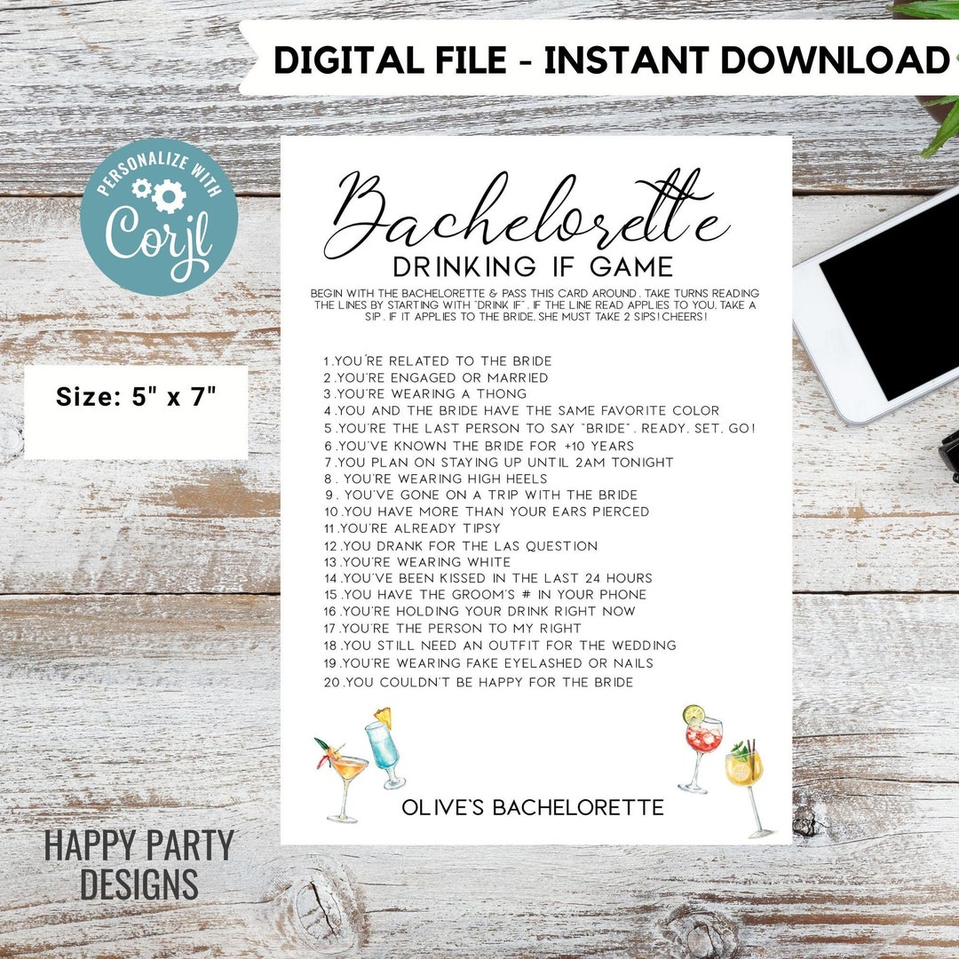 Editable Minimalist Cocktails Bach Party Games | Bachelorette Drink If ...