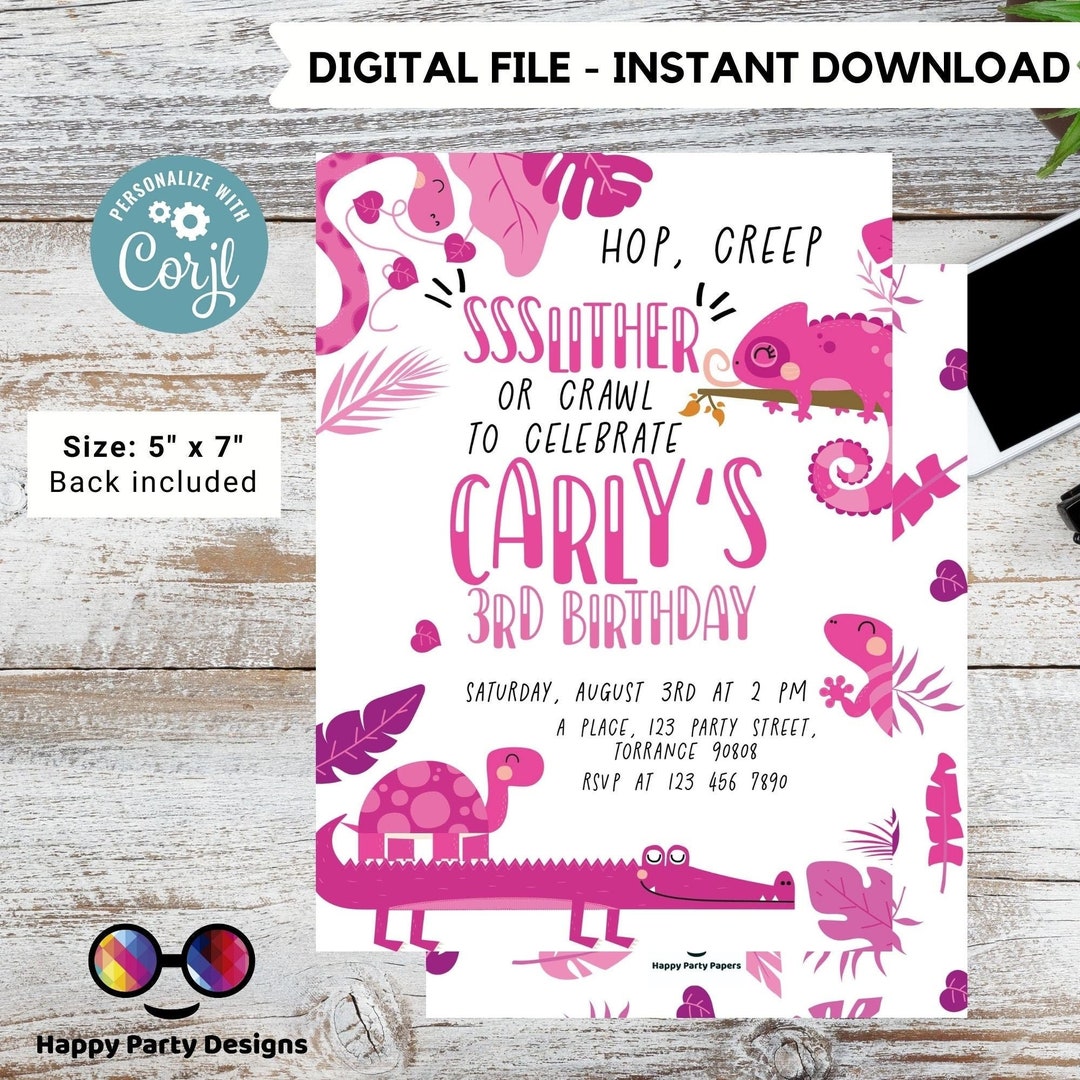 Editable Reptile Invitation | Girl Reptile Birthday Invitation ...
