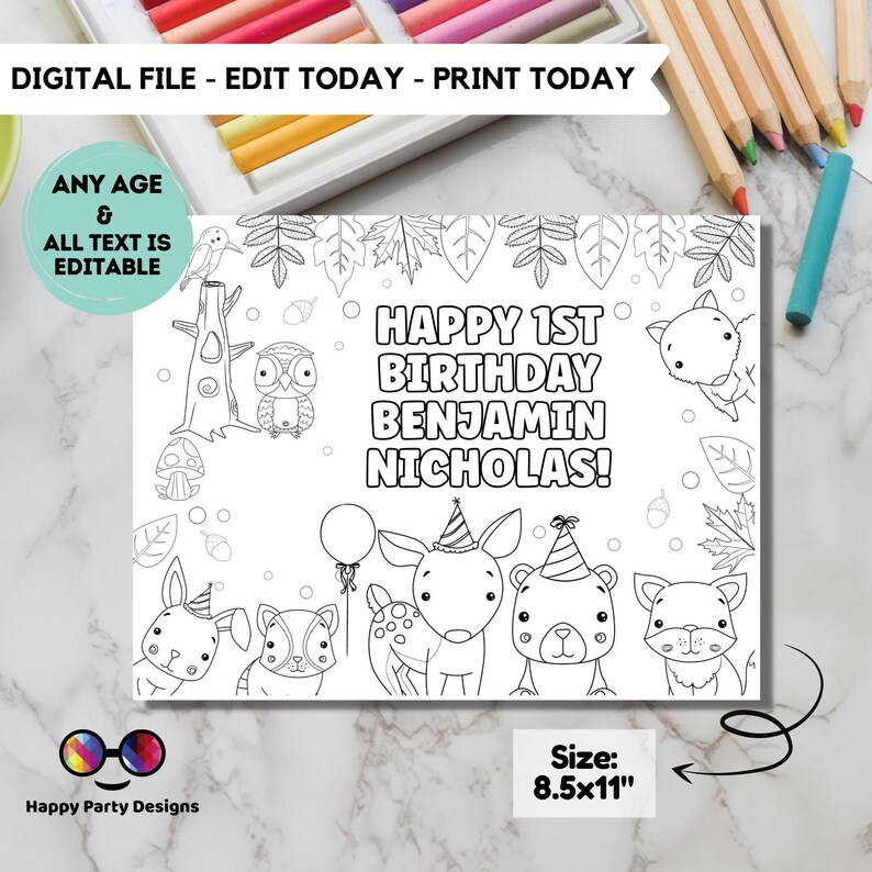 Editable Woodland Coloring Page | First Birthday Coloring Page | Any ...
