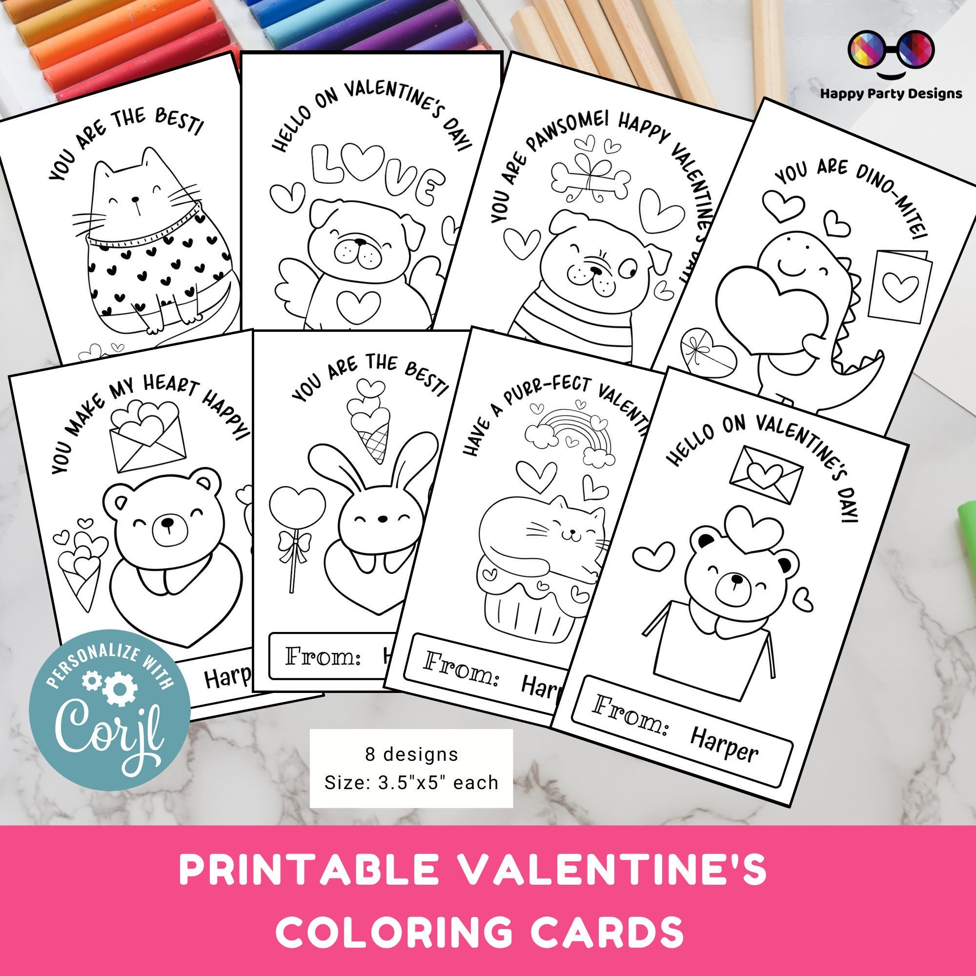Editable Valentines Printable Coloring Cards Editable Set of 8 - Etsy