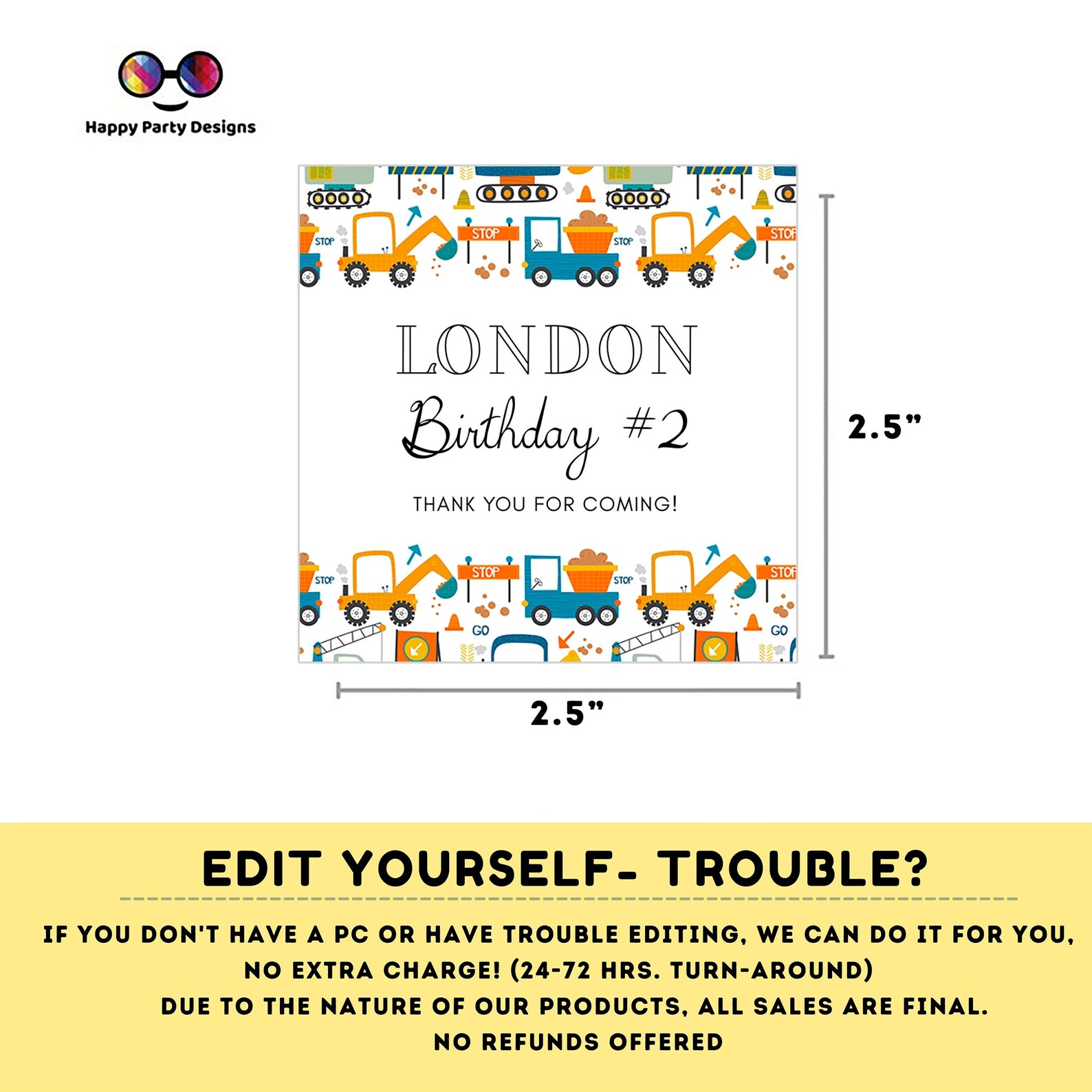Editable Under Construction Squared Favor Tags | Trucks Favor Tags ...