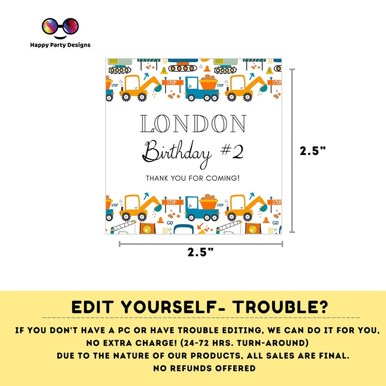Editable Under Construction Squared Favor Tags | Trucks Favor Tags ...