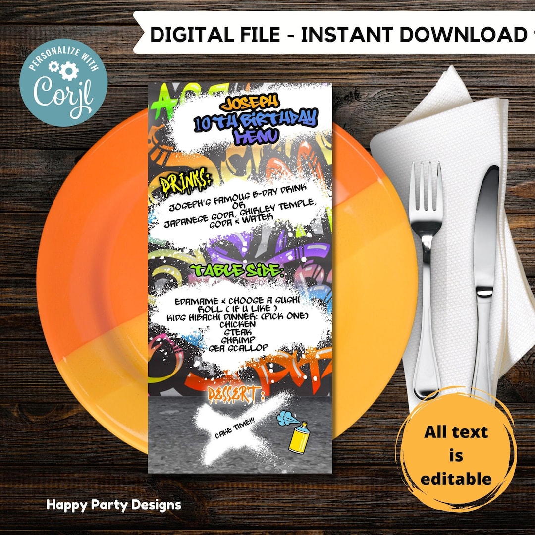 Editable Graffiti Menu | Digital Graffiti Printable Menu | Birthday Boy ...