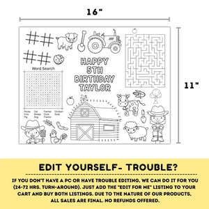 Editable Farm Kids Activity Coloring Page | Farm Birthday Placemat ...