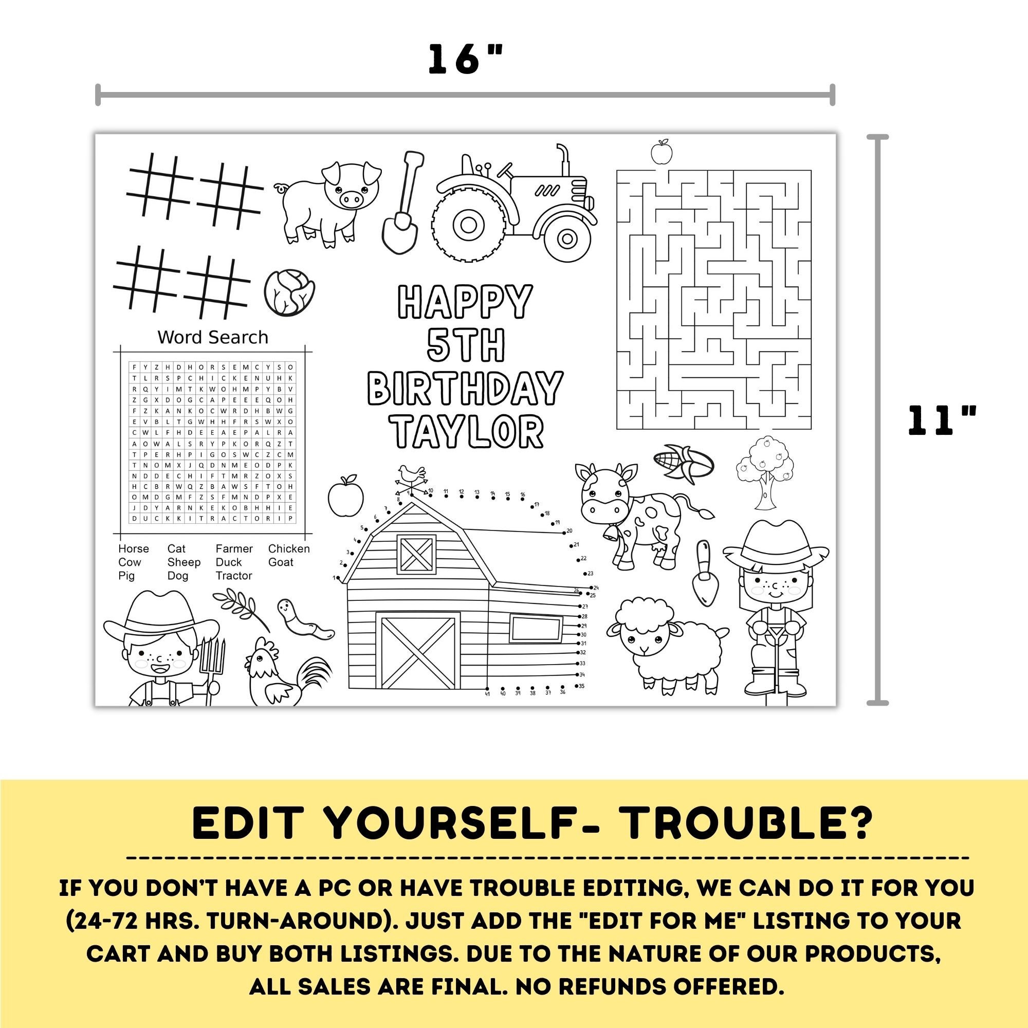 Editable Farm Kids Activity Coloring Page | Farm Birthday Placemat ...