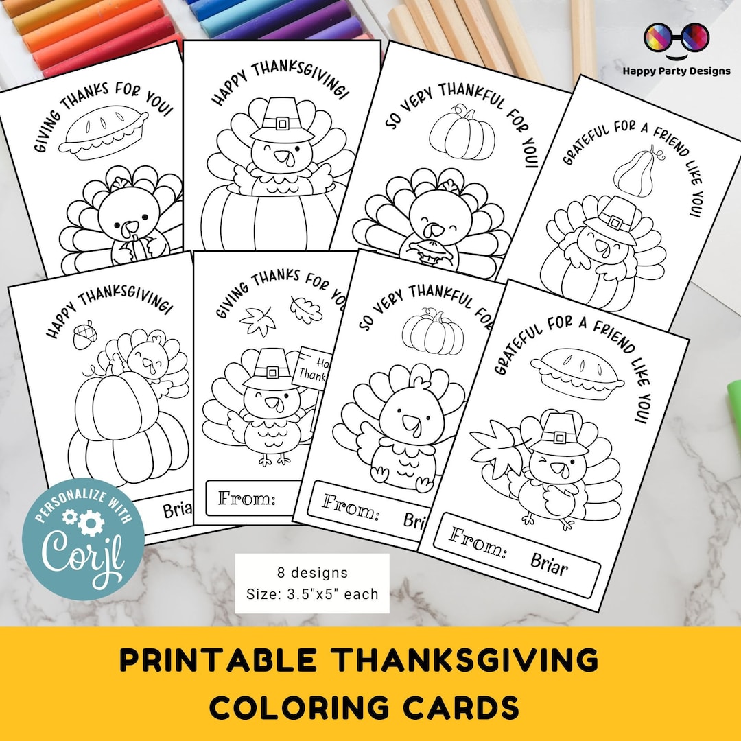 EDITABLE Thanksgiving Printable Coloring Cards Editable Set of 8 | for ...