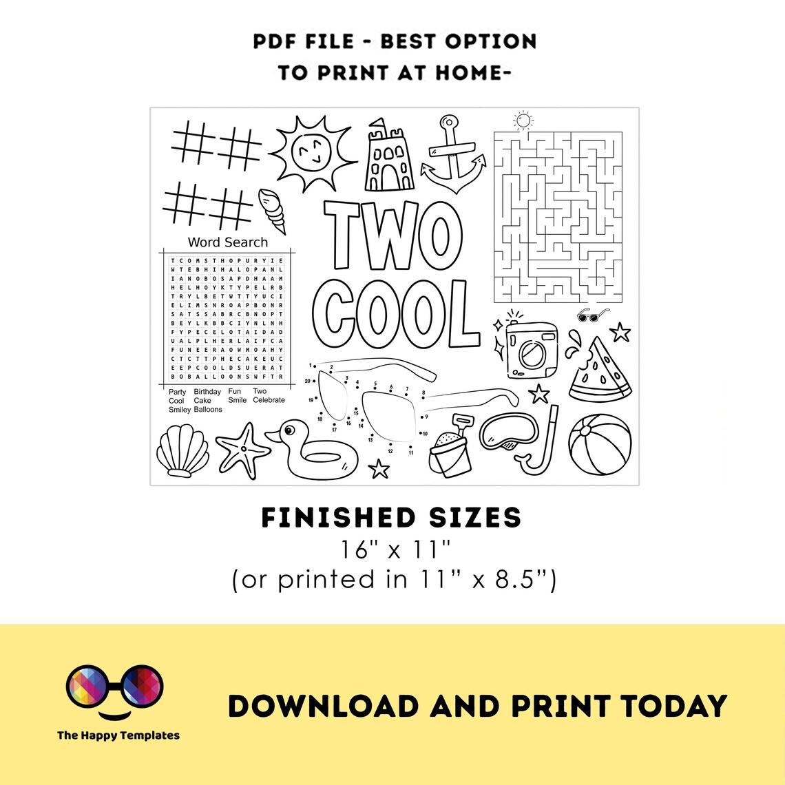 Two Cool Coloring Page | Instant Download | Two Cool Birthday Coloring ...