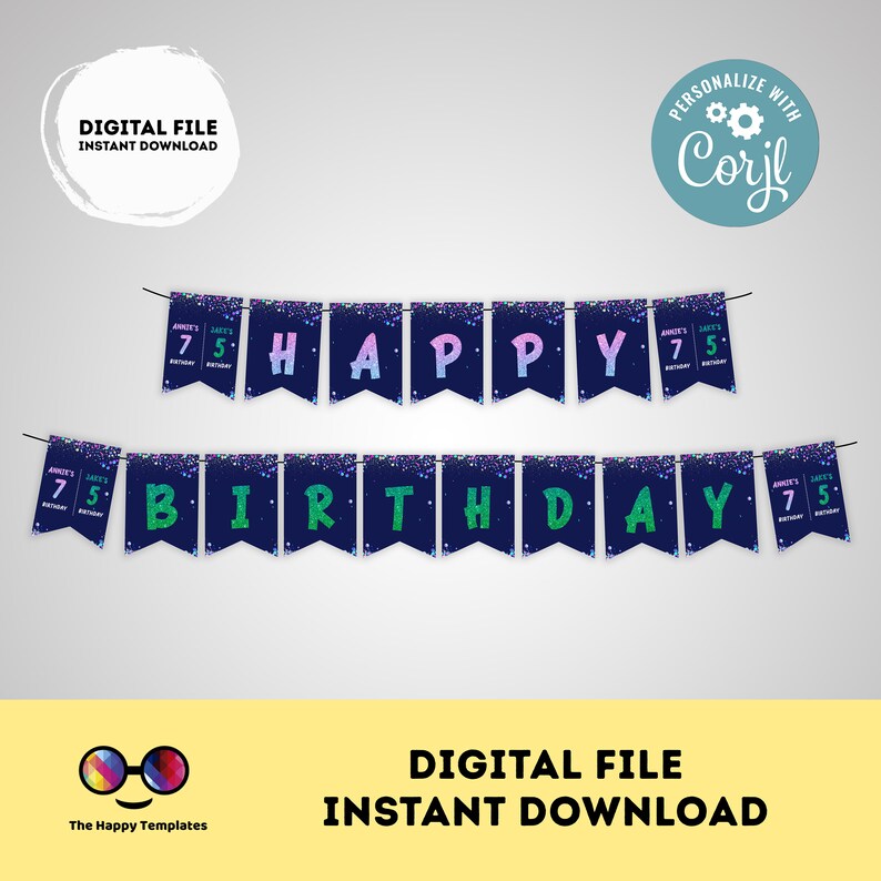Editable Happy Birthday Glitter Banner Siblings Birthday - Etsy