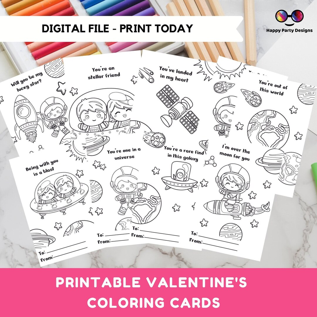 Valentines Printable Coloring Cards INSTANT DOWNLOAD Set of 9 | Space ...