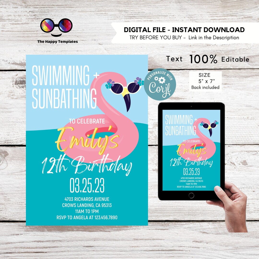 Editable Pool Party Birthday Invitation Template | Flamingo | Summer ...