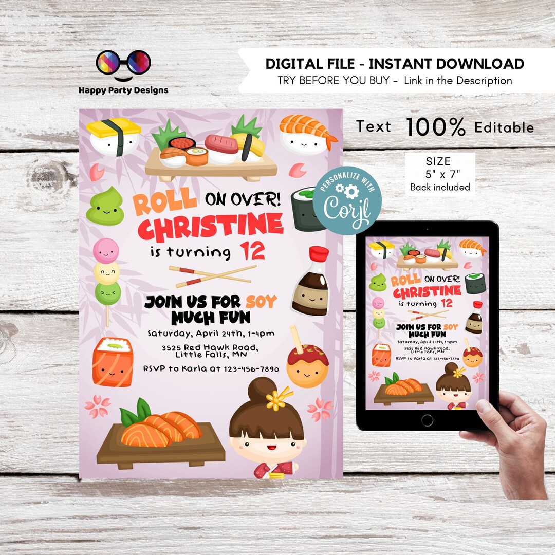 Editable Sushi Birthday Party Invitation | Sushi Invitation | Cute ...