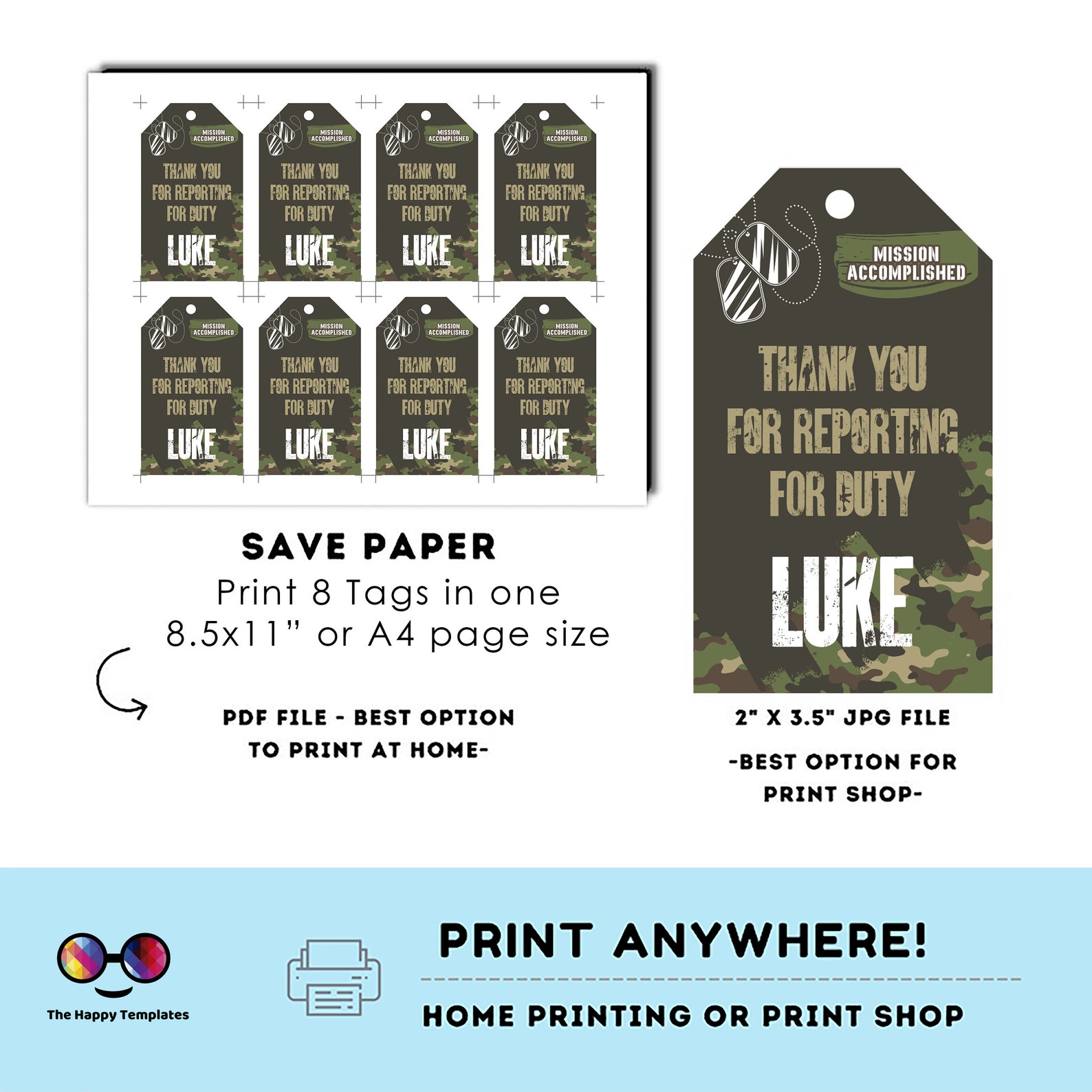 Kids Editable Army Birthday Thank You Tag | Printable Birthday Army ...