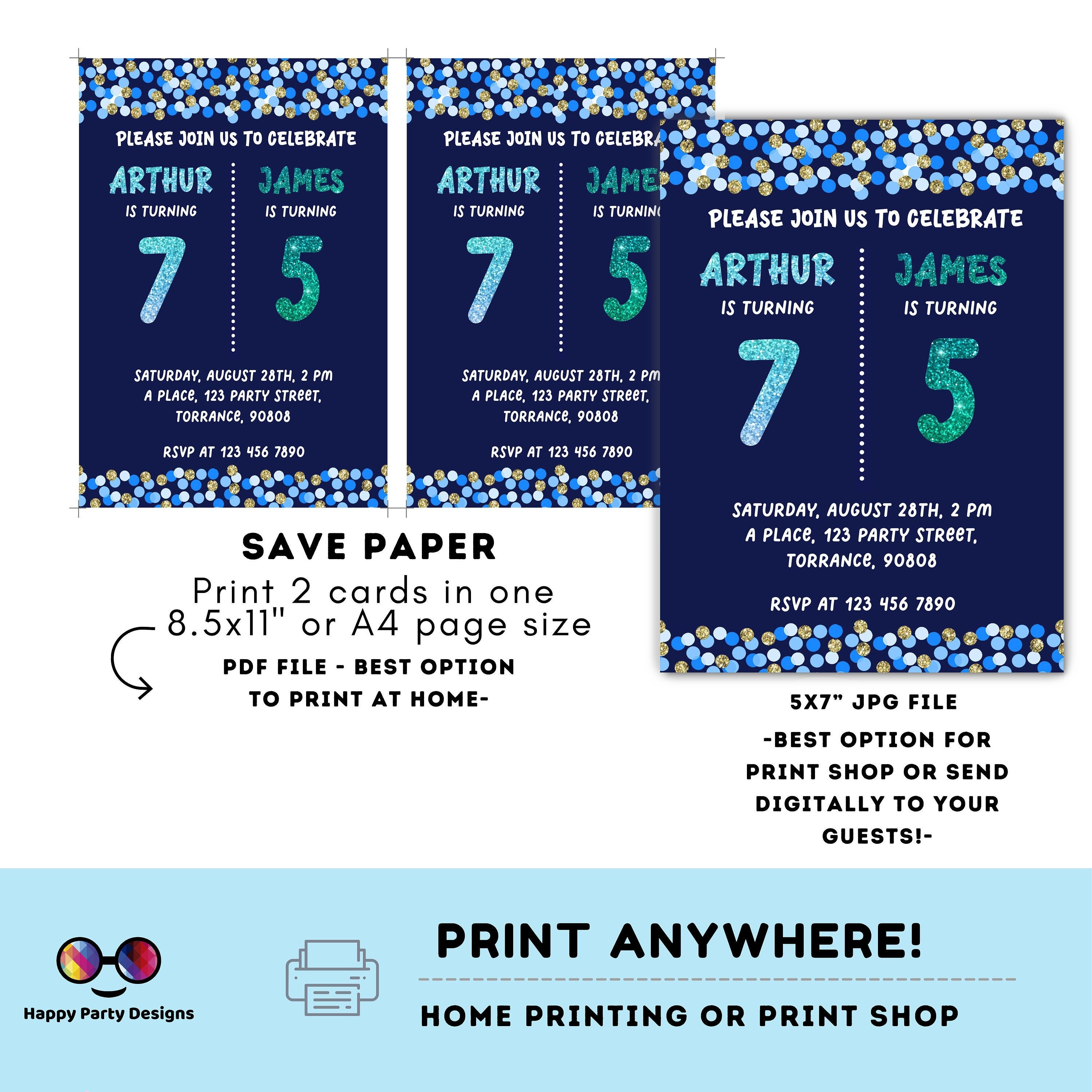 EDITABLE Sibling Birthday Invitations Any Age Double - Etsy