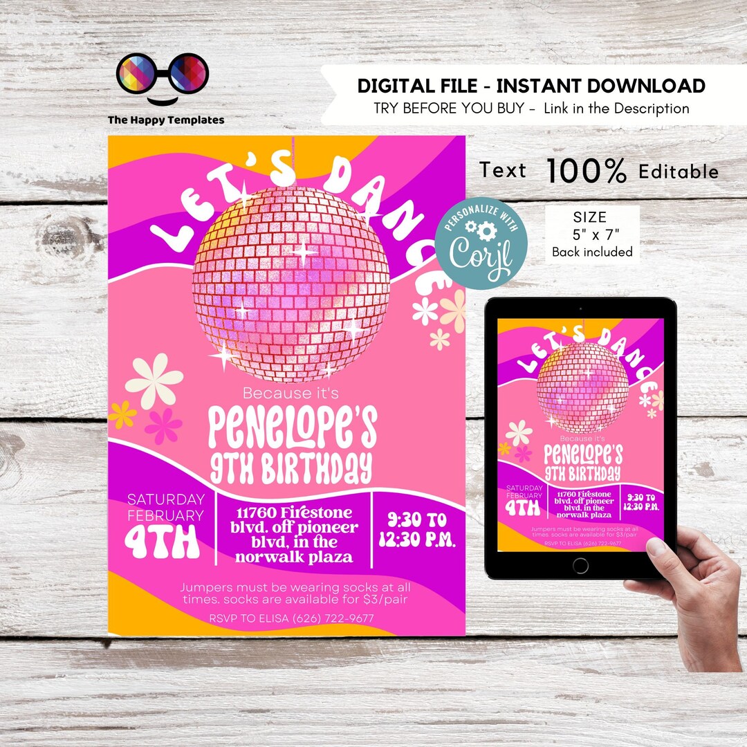 Disco Ball Birthday Invitation | Groovy Birthday Party Invitation ...