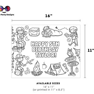 Editable Camping Birthday Coloring Page | Placemat Coloring Page | Any ...