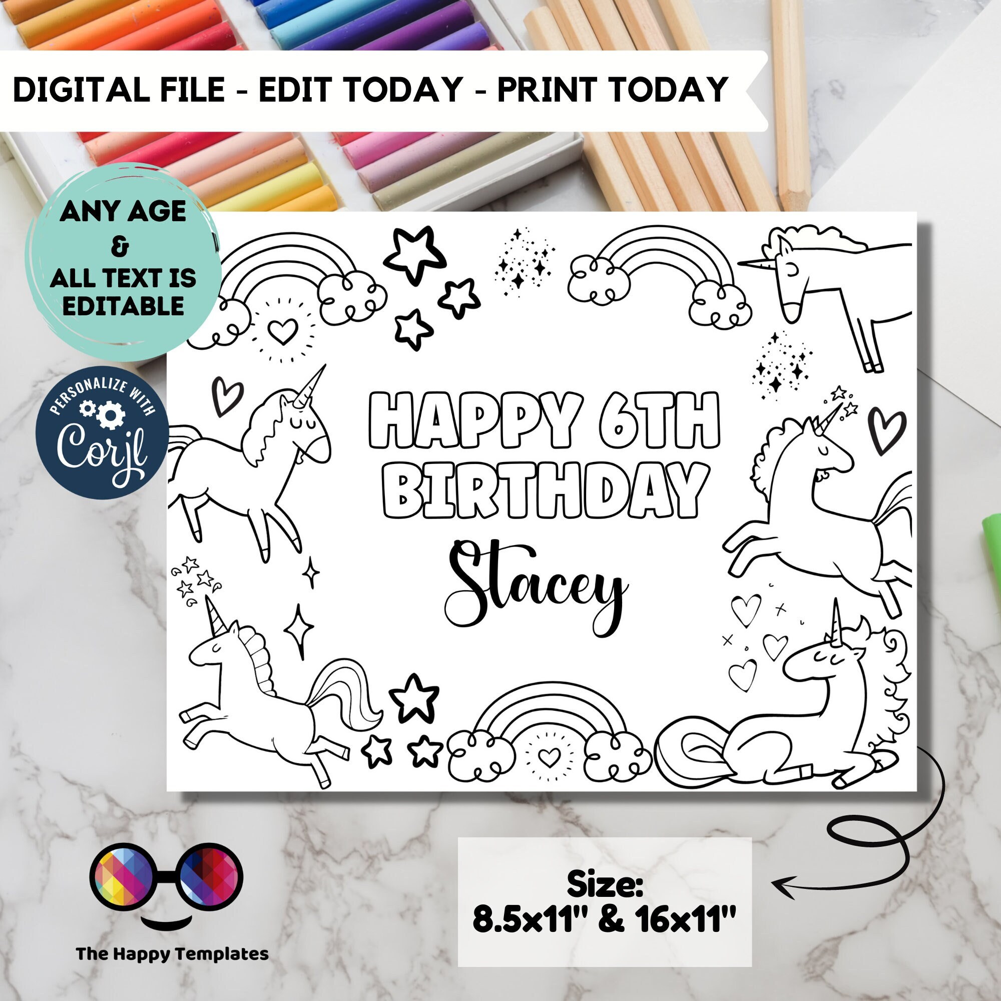Editable Unicorns and Rainbows Coloring Page | Placemat Coloring Page ...